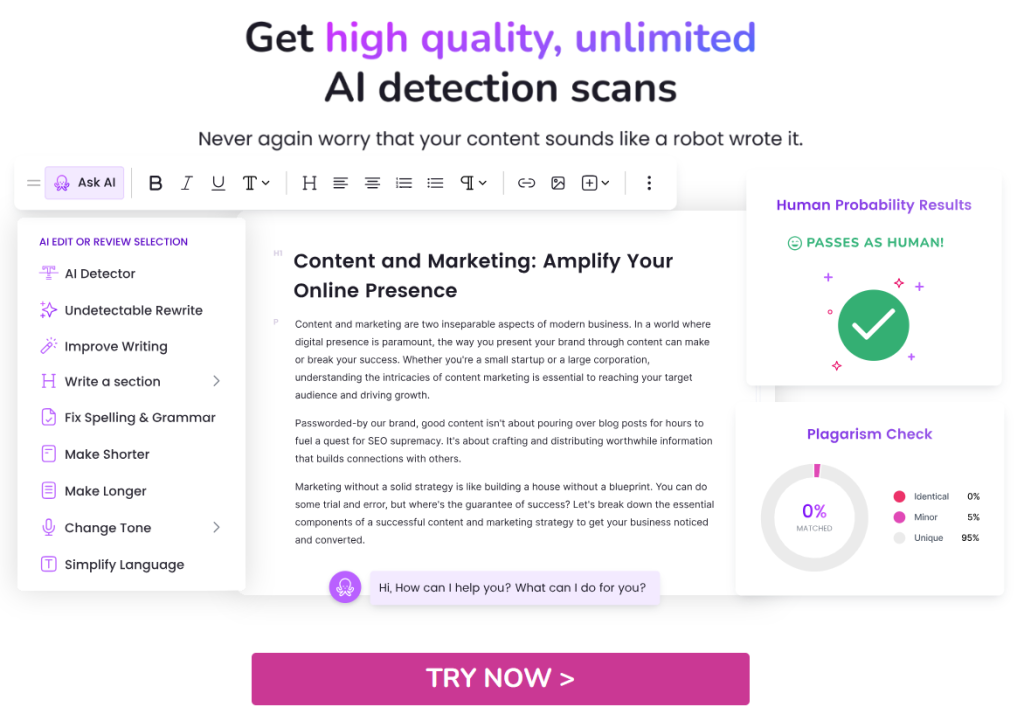 Run a plagiarism check to make sure your content is 100% original, and then humanize your AI ...