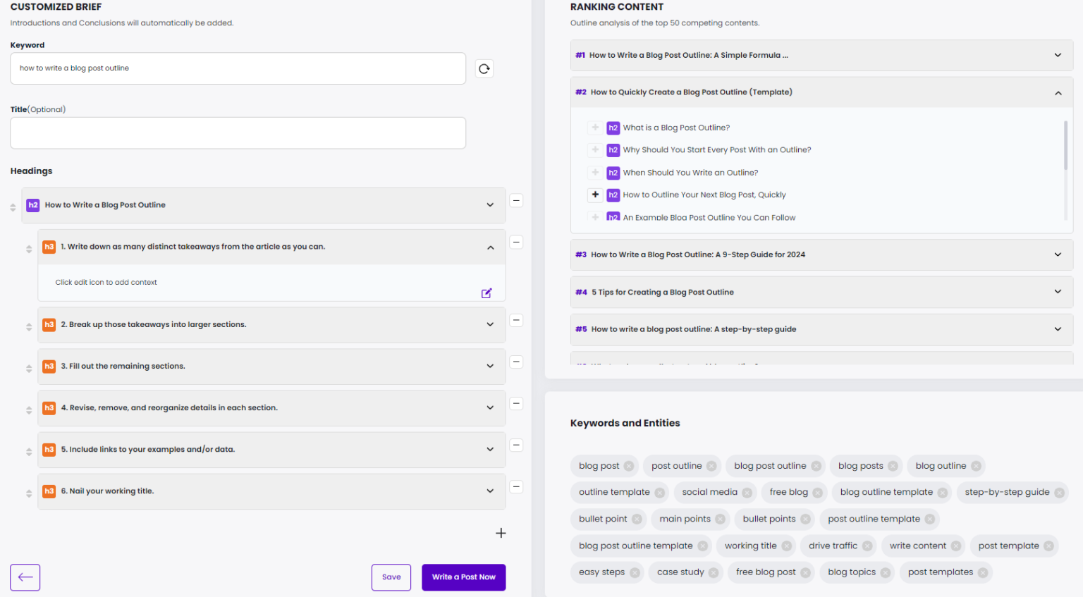 When you are satisfied with the outline, hit the Write a Post Now button.